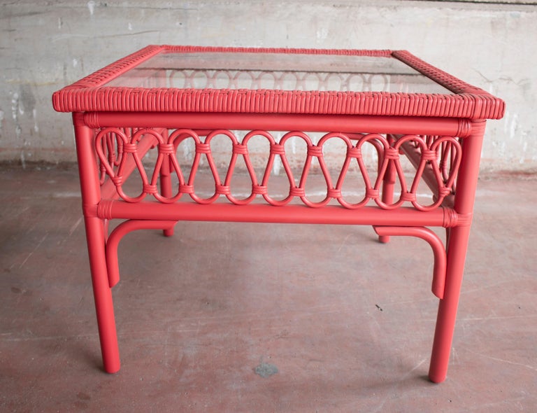 1980s Spanish Red Lacquered Lace Wicker Square Side Table with Glass ...