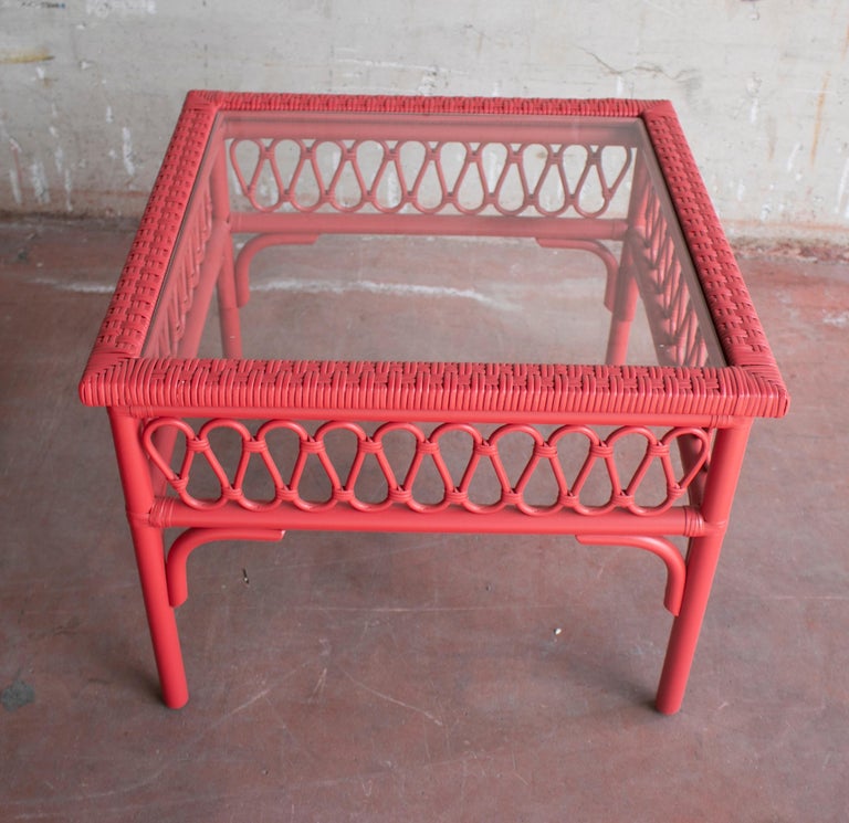 1980s Spanish Red Lacquered Lace Wicker Square Side Table with Glass ...