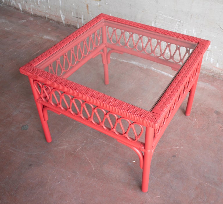 1980s Spanish Red Lacquered Lace Wicker Square Side Table with Glass ...
