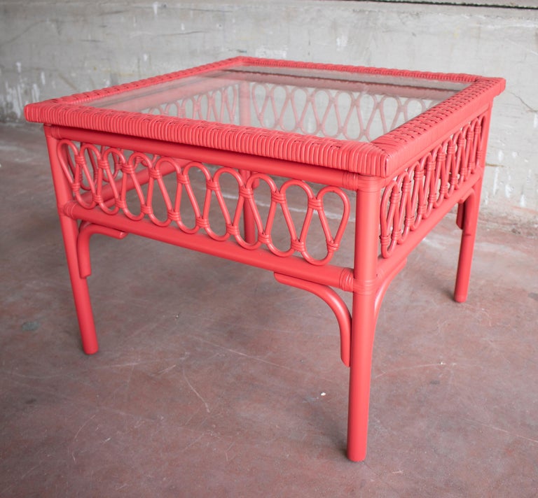 1980s Spanish Red Lacquered Lace Wicker Square Side Table with Glass ...