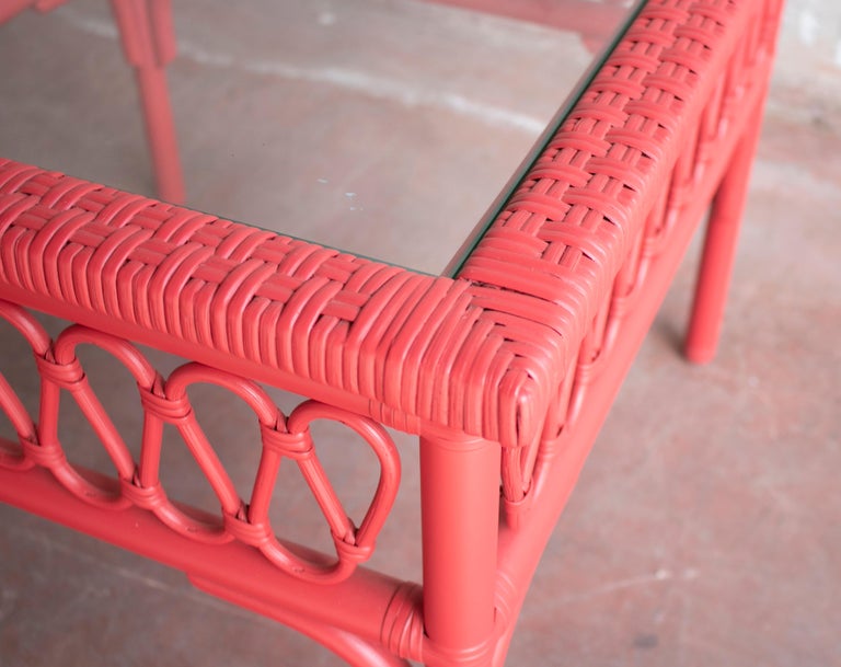 1980s Spanish Red Lacquered Lace Wicker Square Side Table with Glass ...