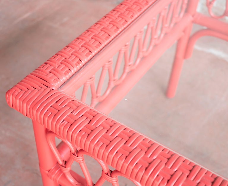 1980s Spanish Red Lacquered Lace Wicker Square Side Table with Glass ...