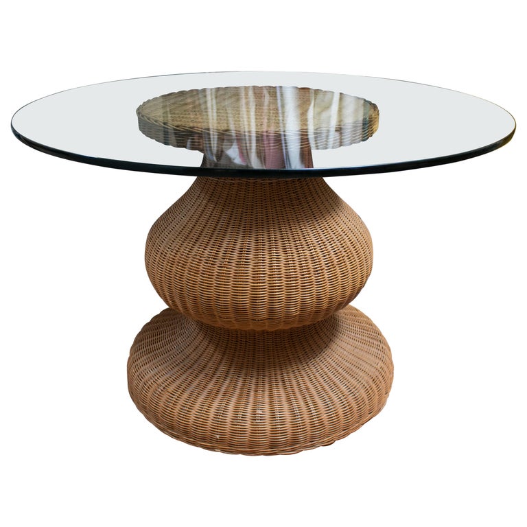 1980s Spanish Round Wicker Table with Glass Top at 1stDibs