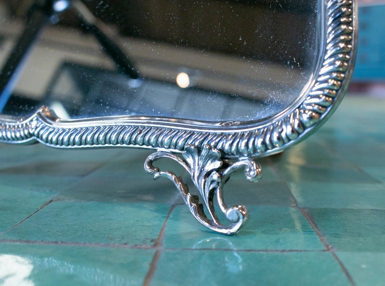 1980s Spanish Silver Table Standing Mirror w/ Initials For Sale at 1stDibs