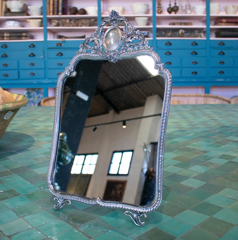 1980s Spanish Silver Table Standing Mirror w/ Initials For Sale at 1stDibs