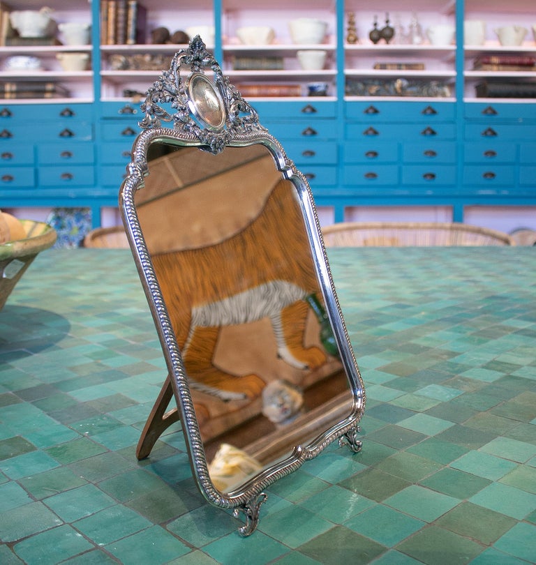1980s Spanish Silver Table Standing Mirror w/ Initials For Sale at 1stDibs