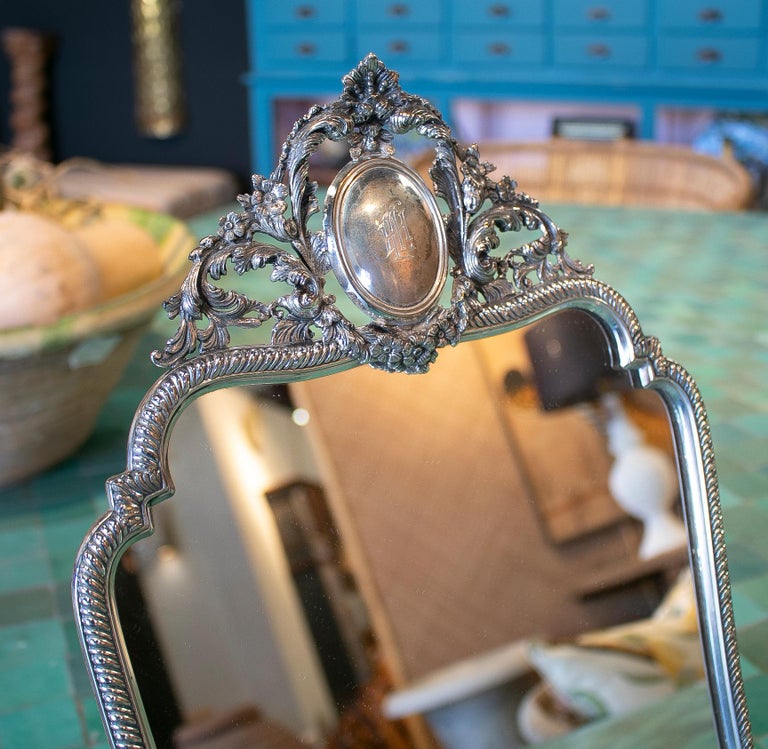 1980s Spanish Silver Table Standing Mirror w/ Initials For Sale at 1stDibs