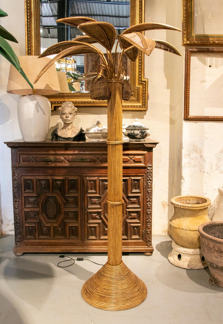 1980s Spanish Woven Wicker Palm Tree Lamp For Sale at 1stDibs