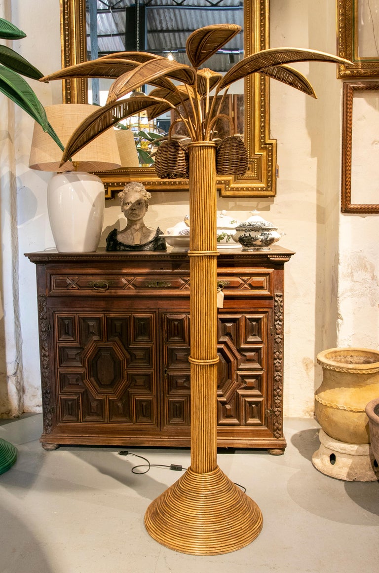 1980s Spanish Woven Wicker Palm Tree Lamp For Sale at 1stDibs