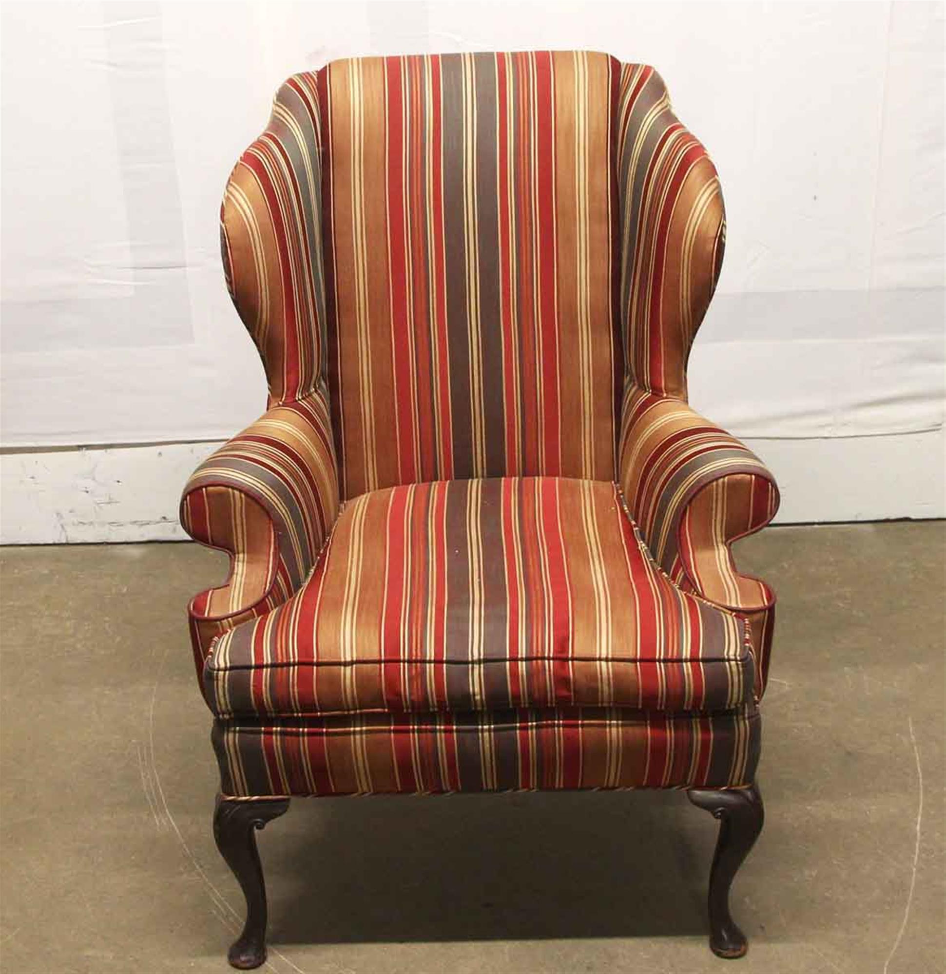 1980s Striped Upholstered Wing Back Armchair with Cabriole Legs For ...