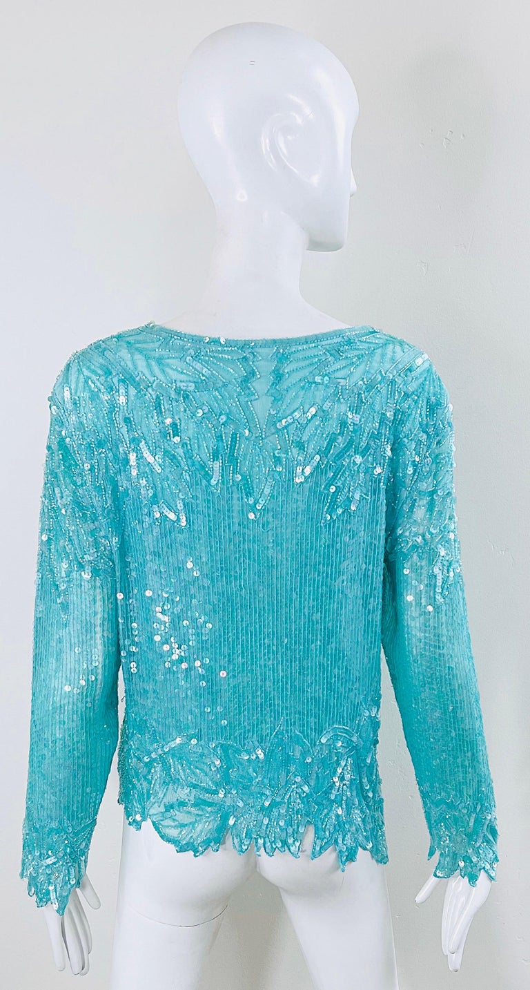 1980s Swee Lo Turquoise Blue Sequin Beaded Silk Chiffon Vintage 80s ...