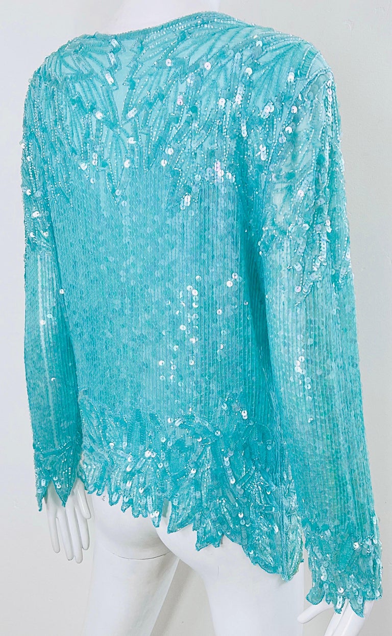 1980s Swee Lo Turquoise Blue Sequin Beaded Silk Chiffon Vintage 80s ...