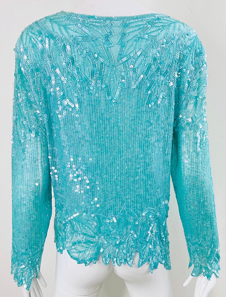 1980s Swee Lo Turquoise Blue Sequin Beaded Silk Chiffon Vintage 80s ...
