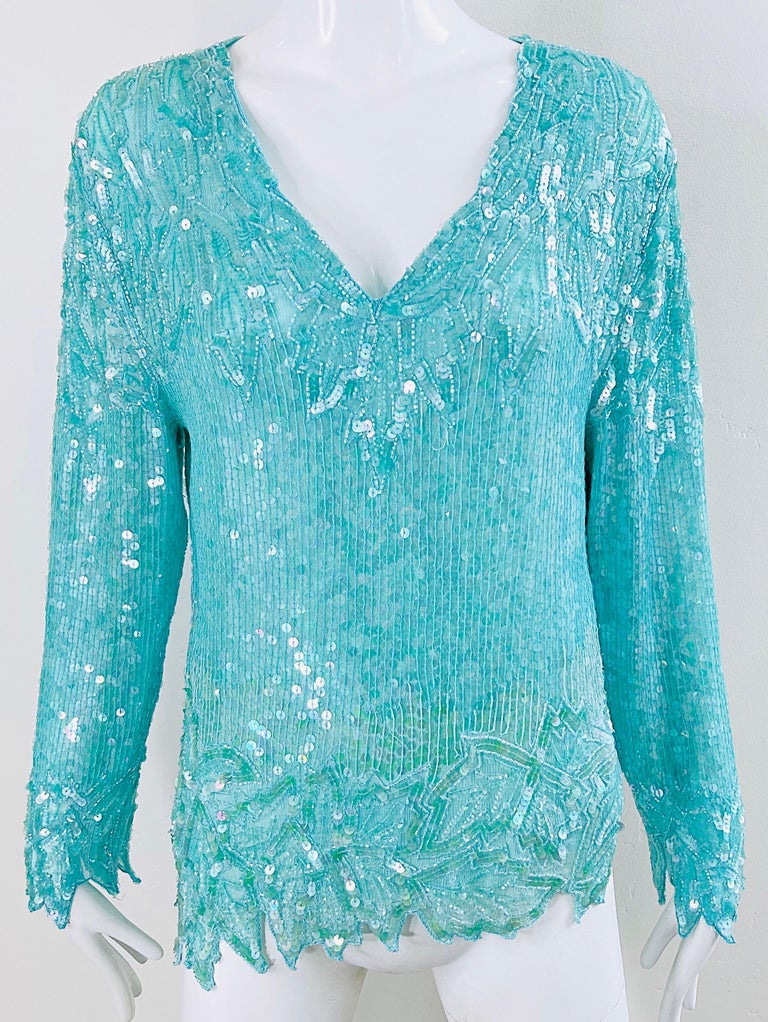 1980s Swee Lo Turquoise Blue Sequin Beaded Silk Chiffon Vintage 80s ...
