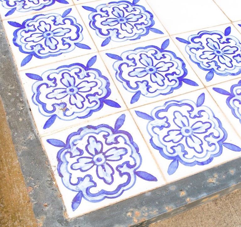 1980s Table with Iron Base and Geometrical Tiles on Top For Sale at 1stDibs