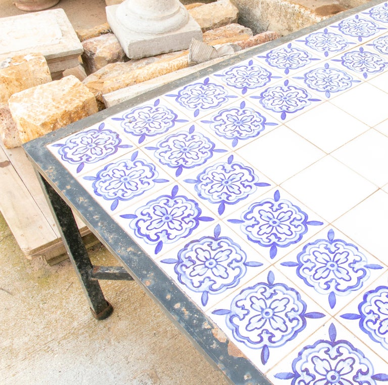 1980s Table with Iron Base and Geometrical Tiles on Top For Sale at 1stDibs