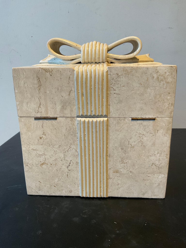 1980s Tessellated Stone Box With Wood Ribbon For Sale at 1stDibs