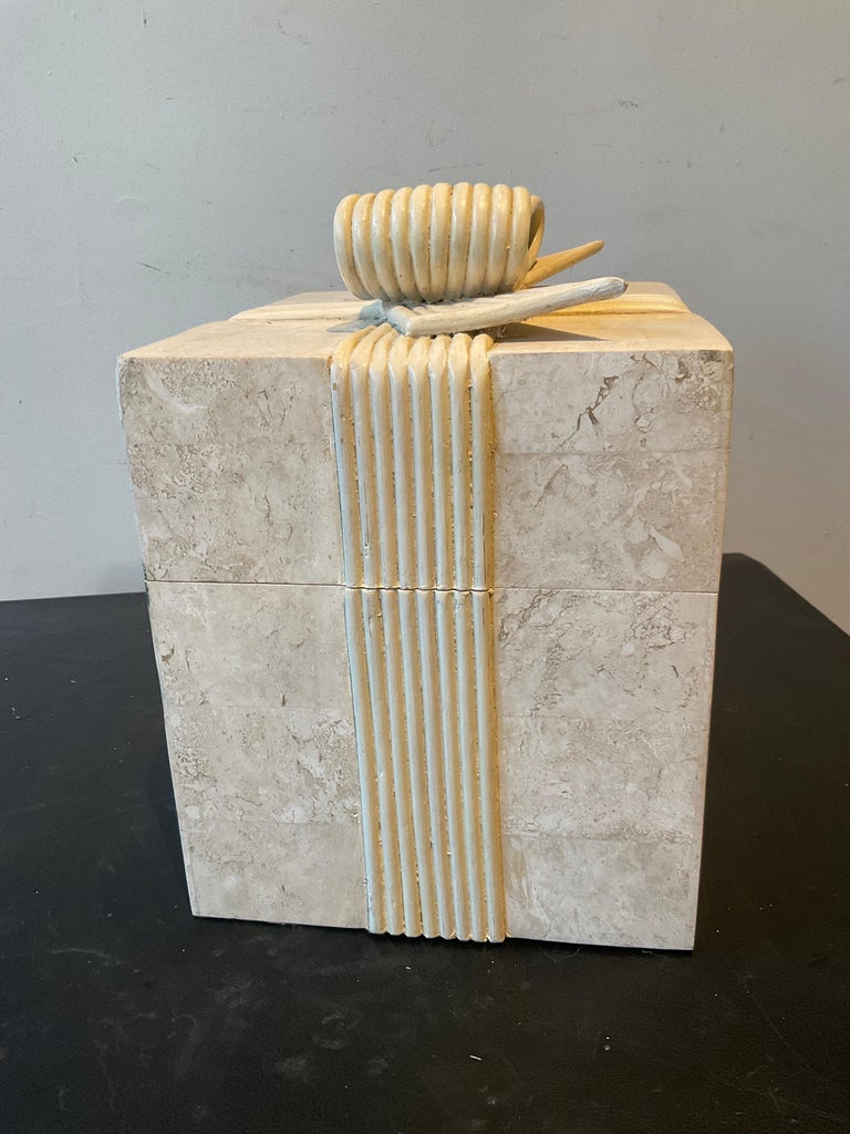 1980s Tessellated Stone Box With Wood Ribbon For Sale at 1stDibs