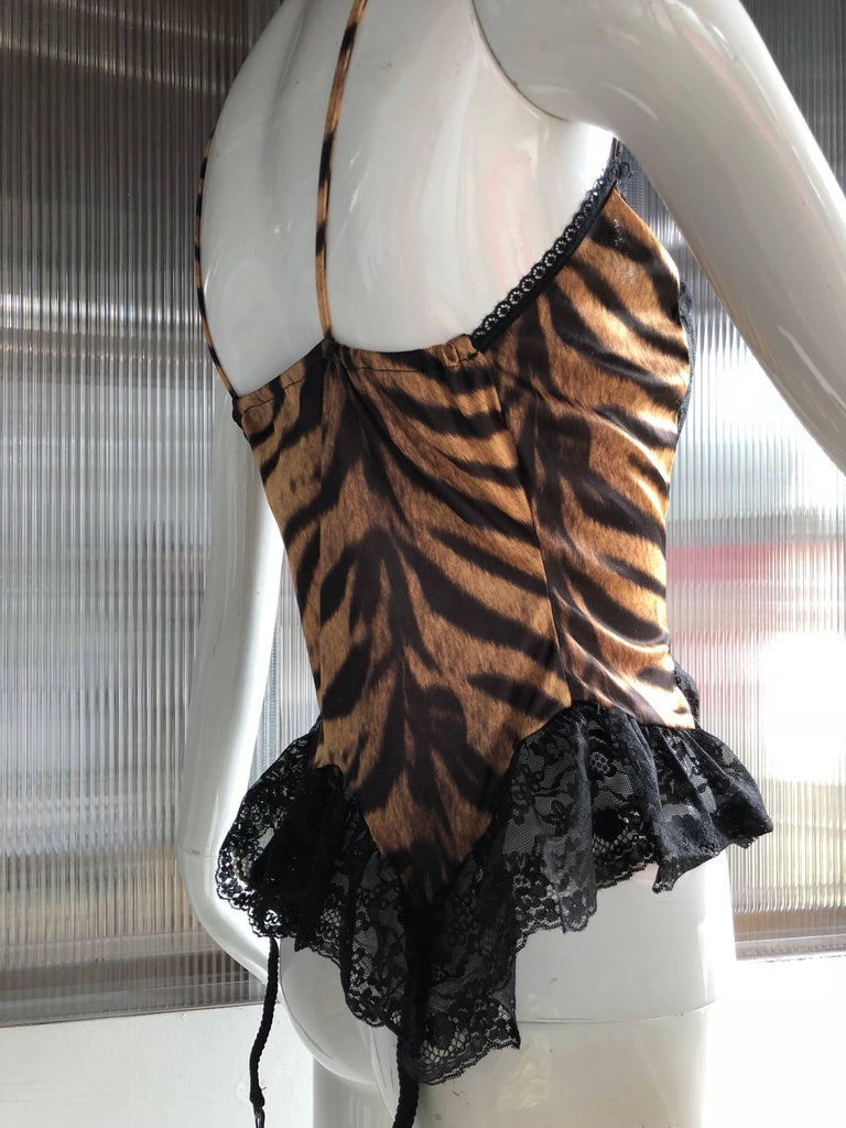 1980s Tiger Print and Black Lace Tie Front Lingerie Top For Sale at ...