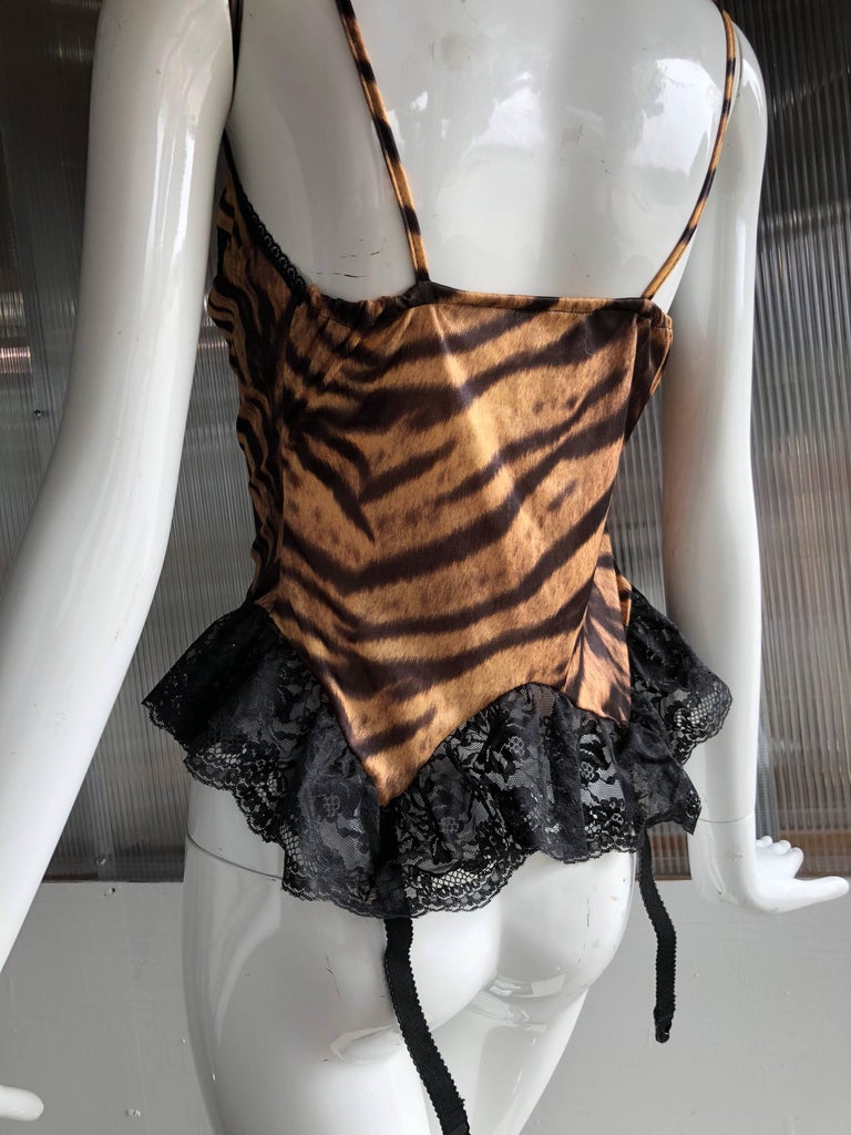 1980s Tiger Print and Black Lace Tie Front Lingerie Top For Sale at ...