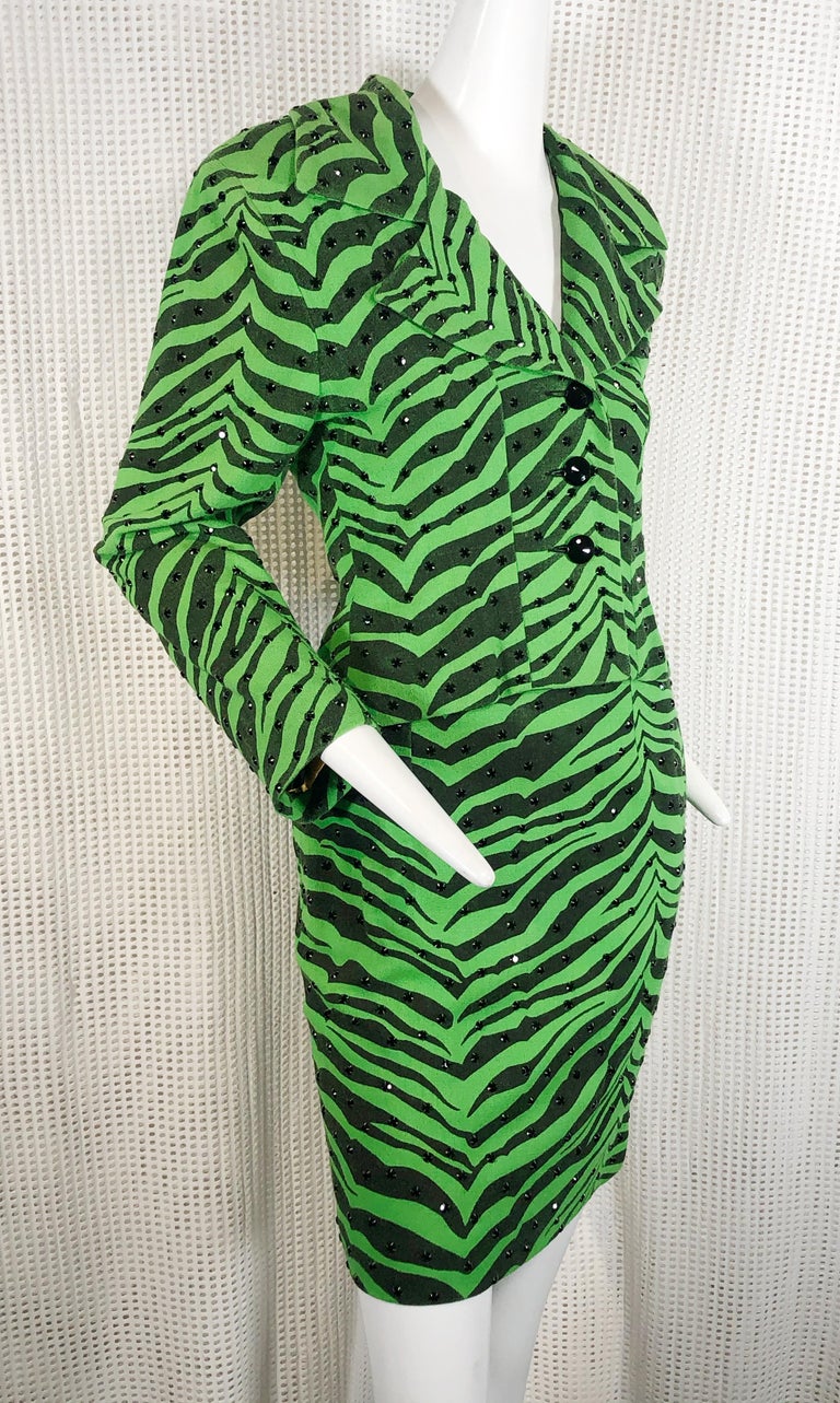 1980s Todd Oldham Electric Zebra Print Suit w/ Black Rhinestone Studs ...
