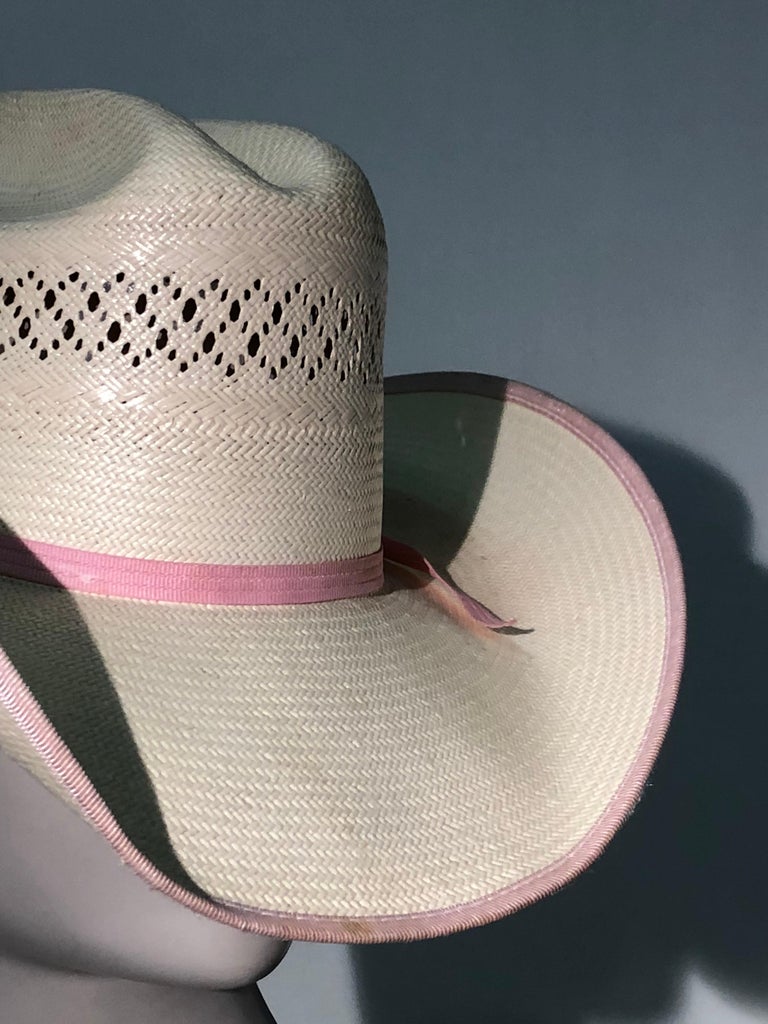 1980s Tony Lama Structured Straw Cowgirl Hat W/ Pink Ribbon Edging and ...