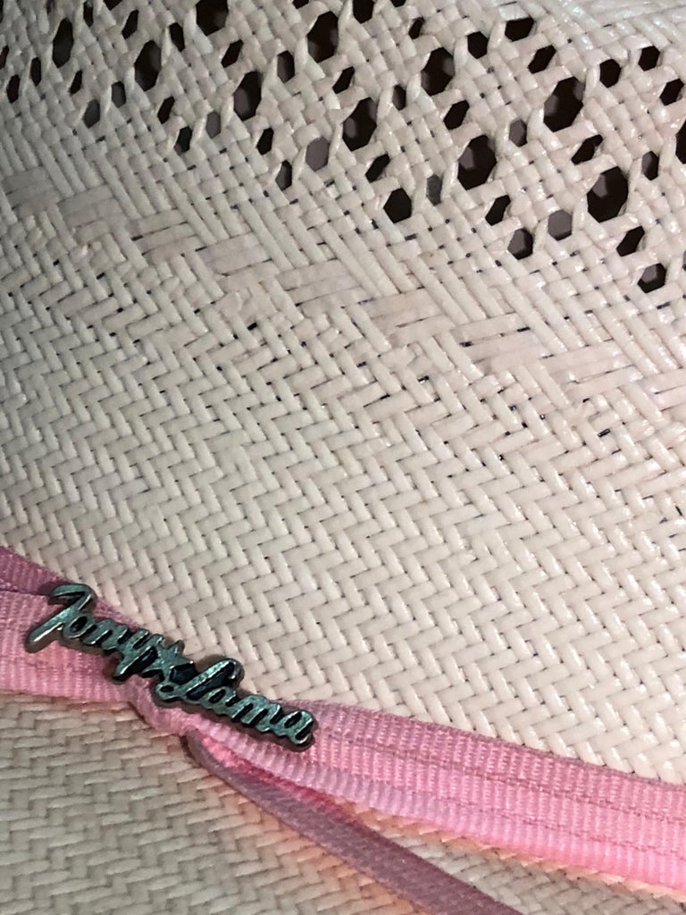 1980s Tony Lama Structured Straw Cowgirl Hat W/ Pink Ribbon Edging and ...