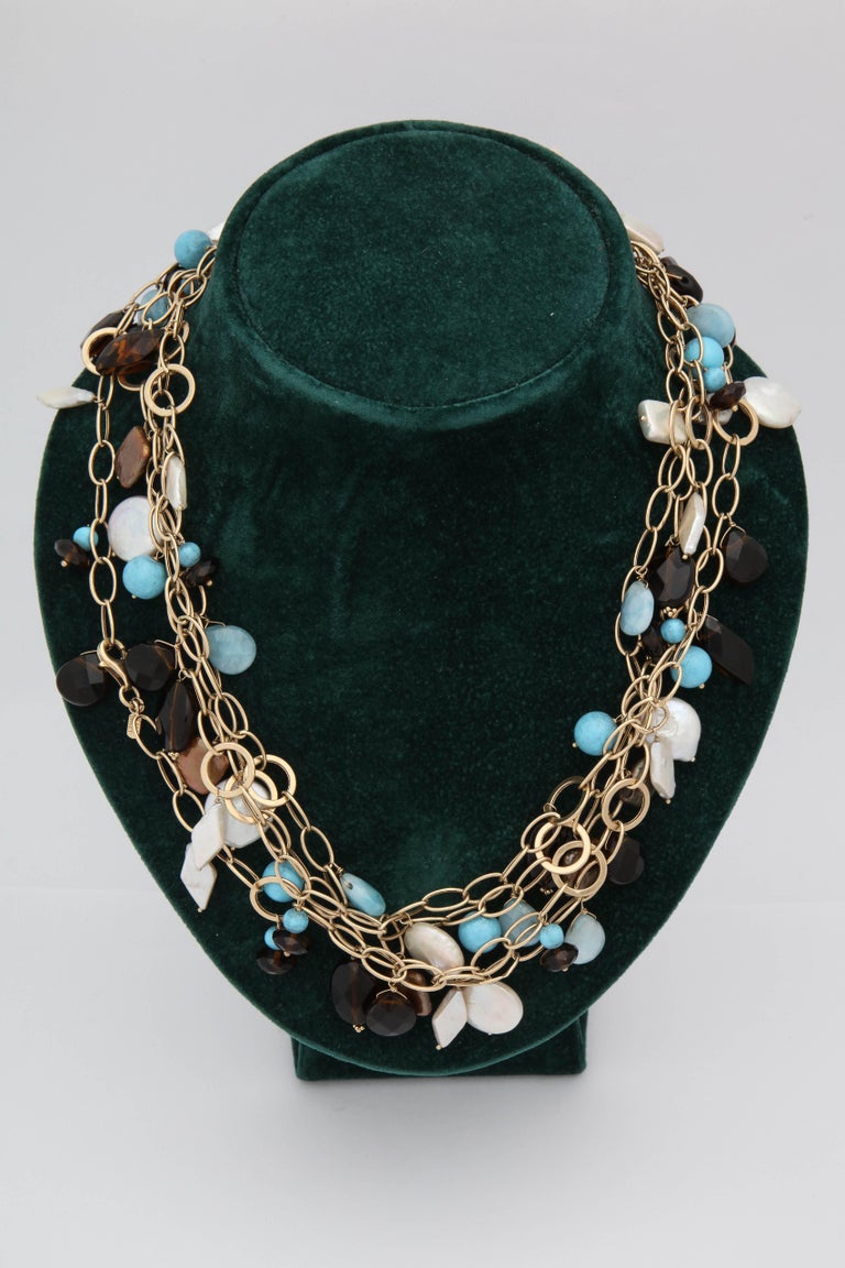 1980s Turquoise with Citrines and Different Shaped Pearls Gold Long ...
