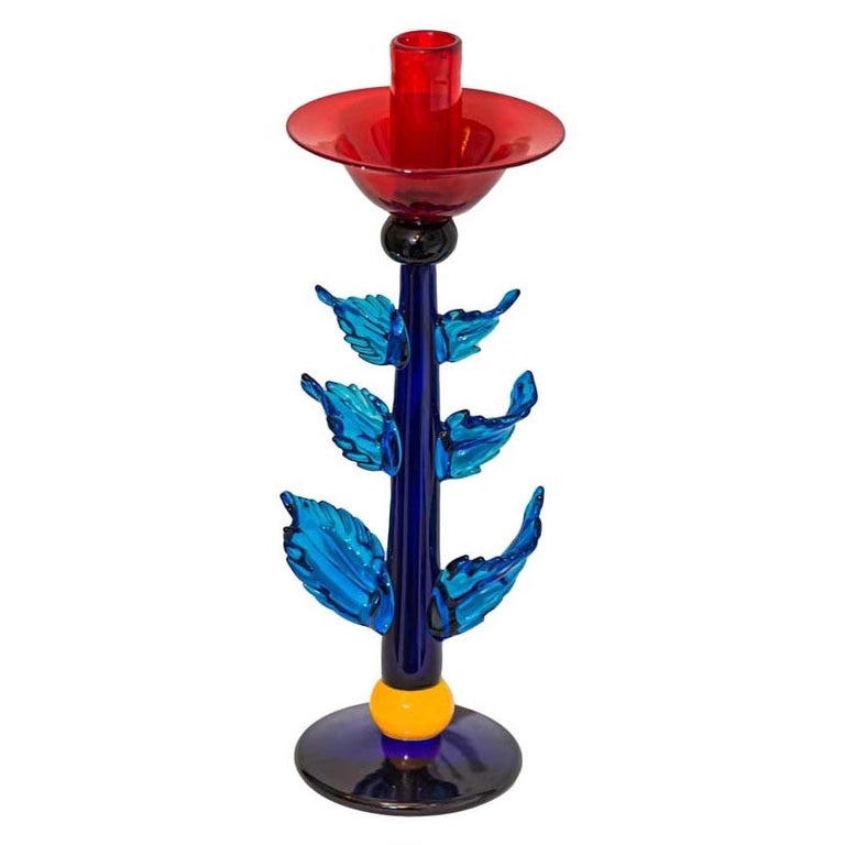 1980s Unique Floral Blown Murano Art Glass Candle Stick by Silvano ...