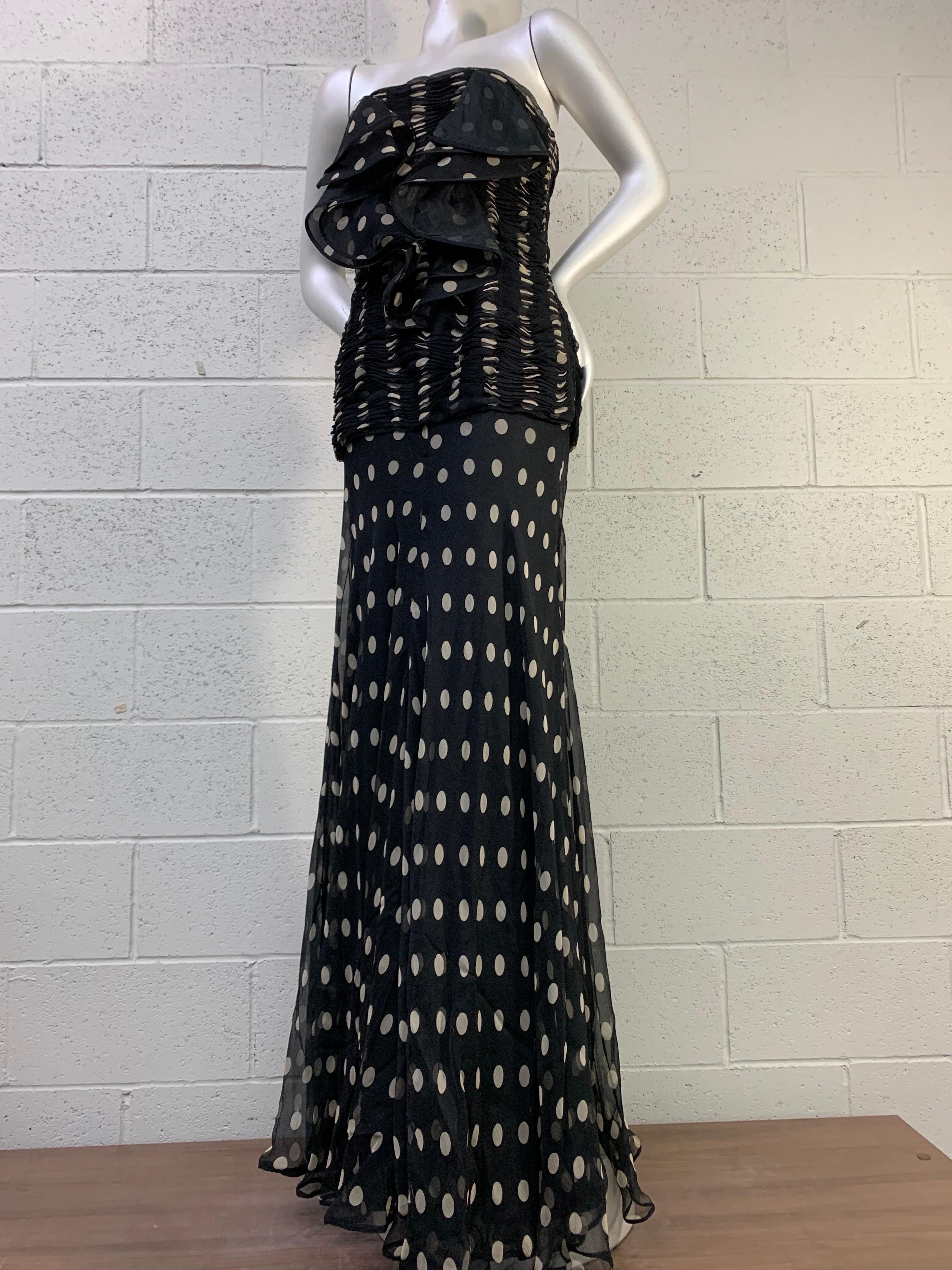 1980s Valentino Black and White Polka Dot Silk Chiffon Gown w Fishtail ...