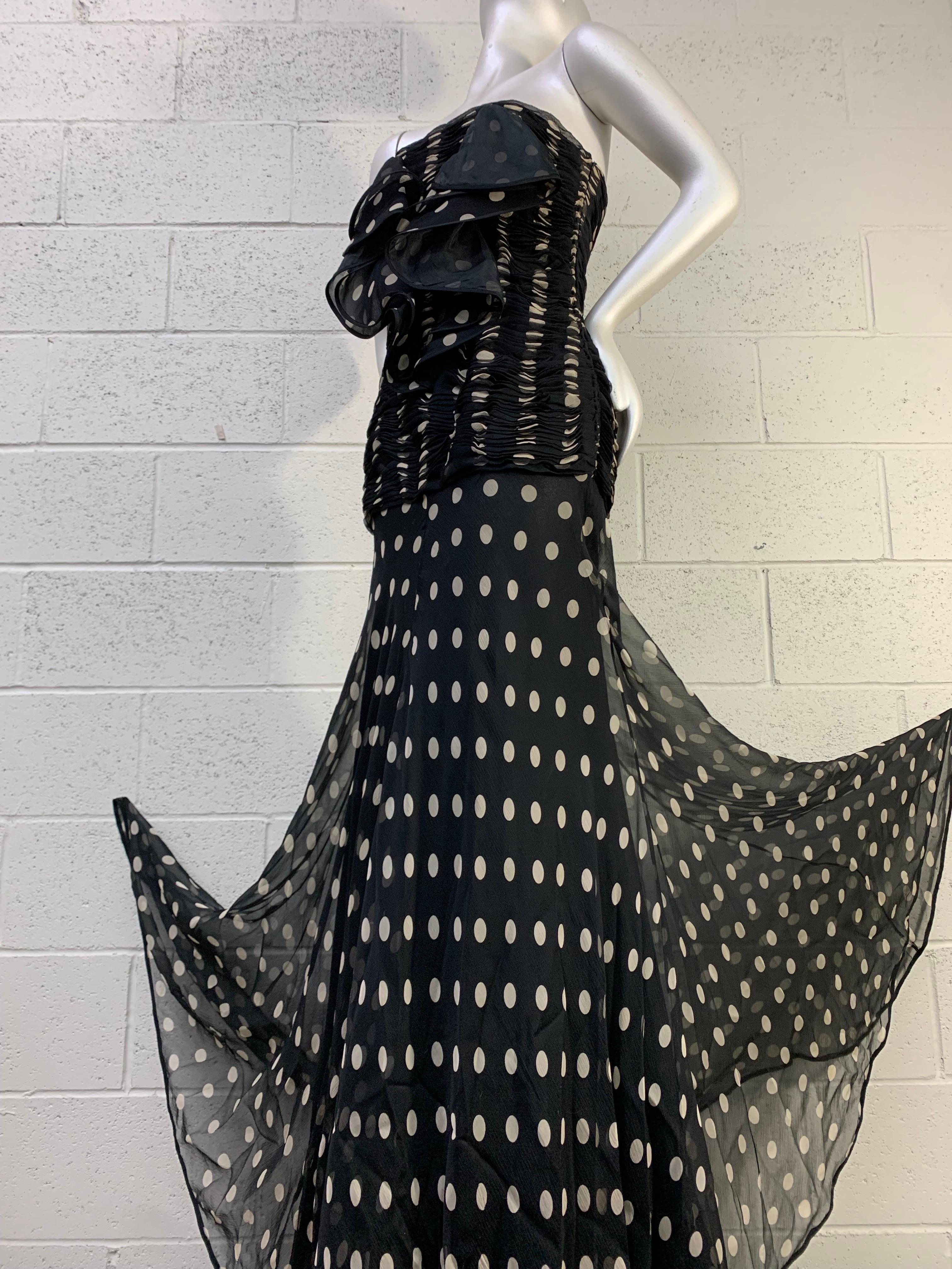 1980s Valentino Black and White Polka Dot Silk Chiffon Gown w Fishtail ...
