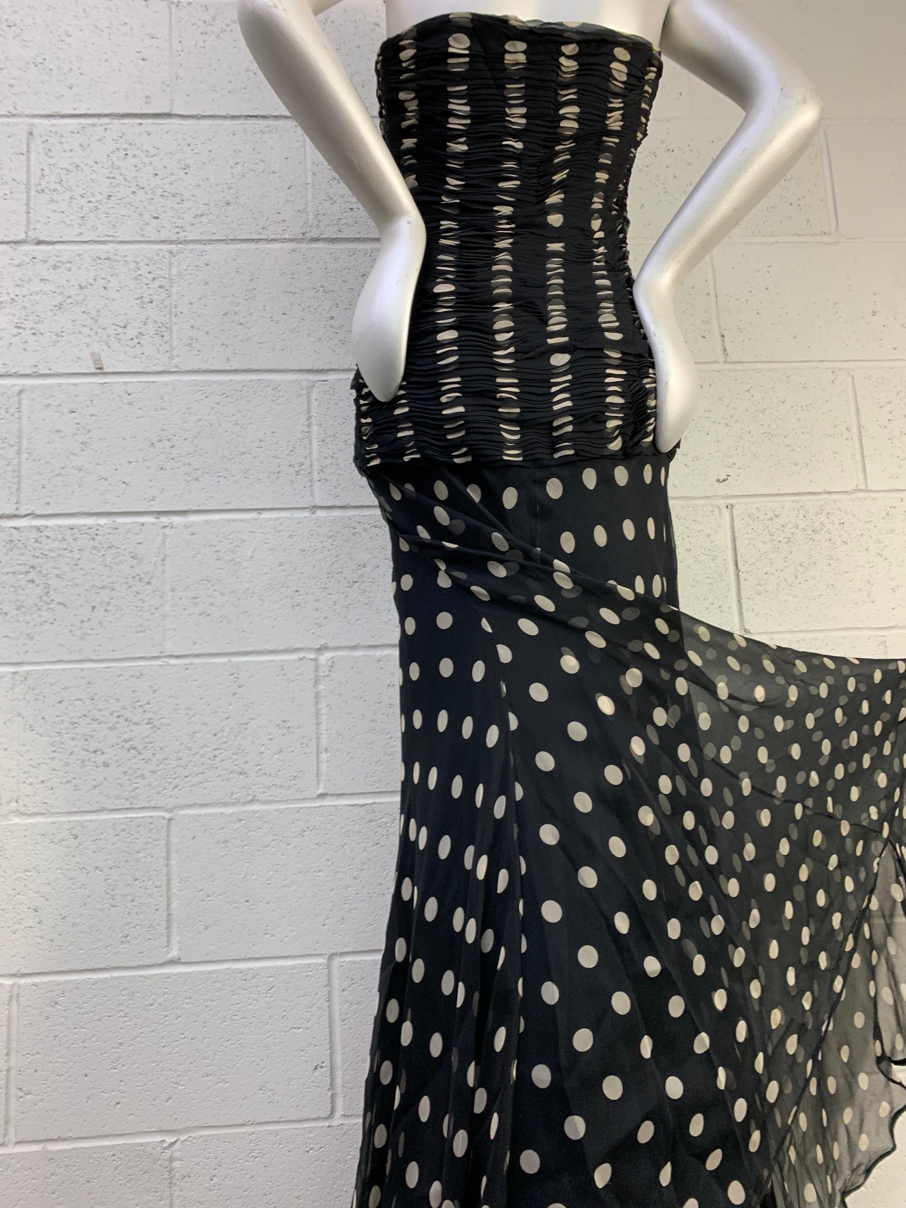 1980s Valentino Black and White Polka Dot Silk Chiffon Gown w Fishtail ...