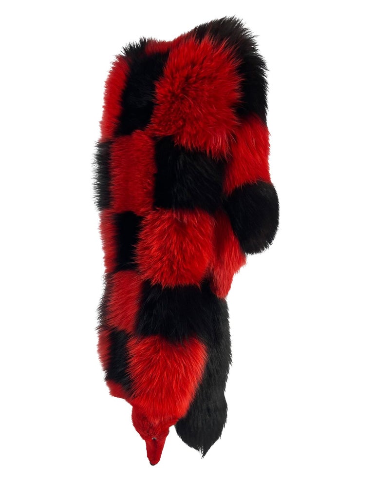 1980s Valentino Garavani Night Red Black Checkered Rhinestone Fox Fur ...