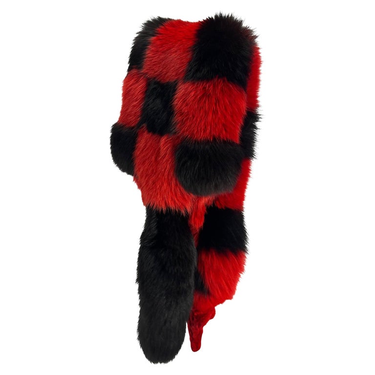 1980s Valentino Garavani Night Red Black Checkered Rhinestone Fox Fur ...