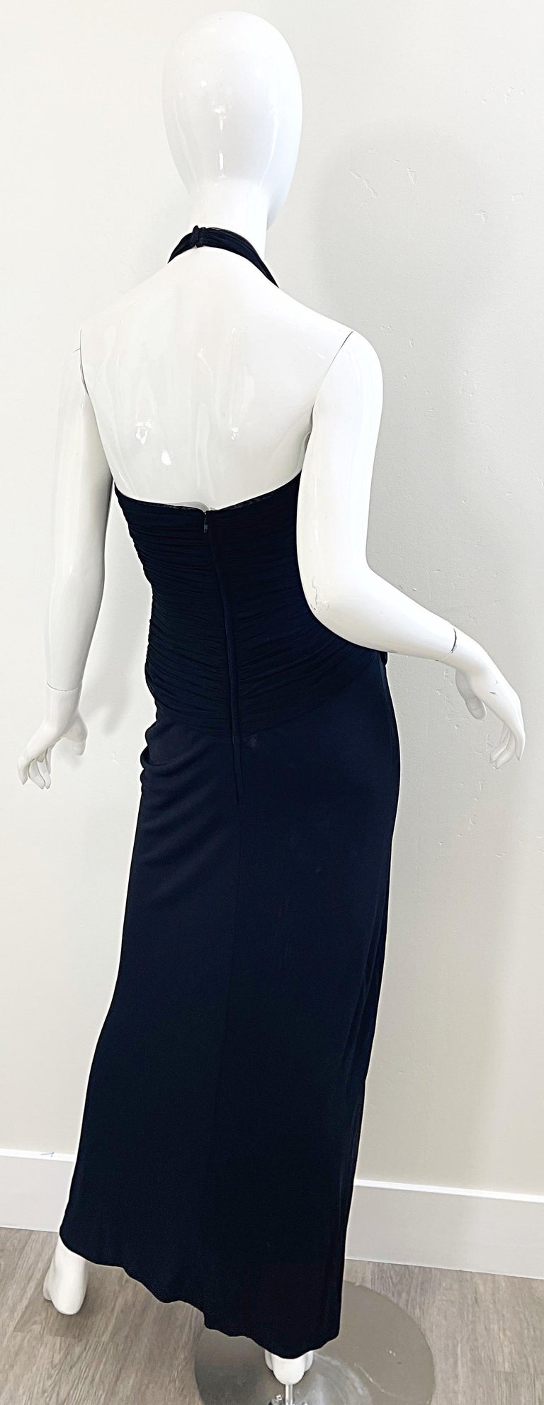 1980s Vicky Tiel Couture Size 40 / 8 Black Gold Embroidered Vintage Halter Gown For Sale at 1stDibs