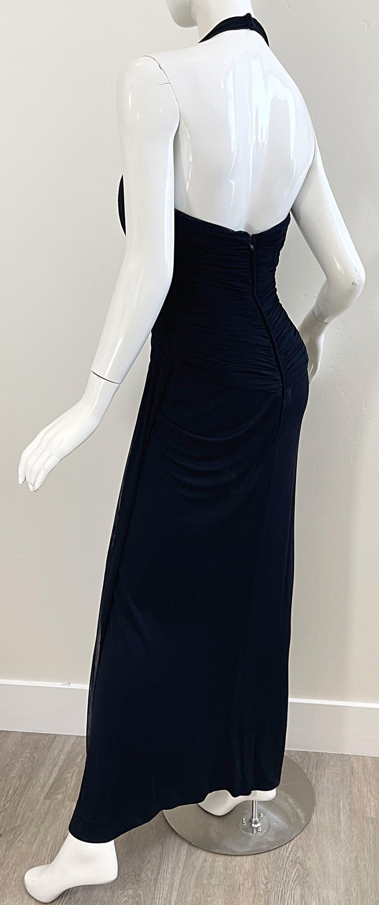 1980s Vicky Tiel Couture Size 40 / 8 Black Gold Embroidered Vintage Halter Gown For Sale at 1stDibs