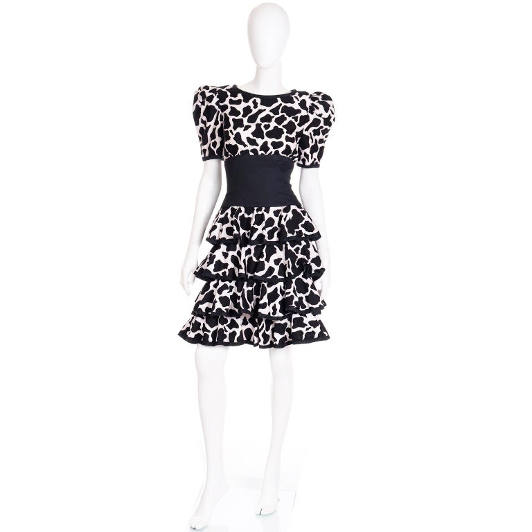 1980s Vintage Black Abstract Print Dress w Puff Sleeves and Tiered ...