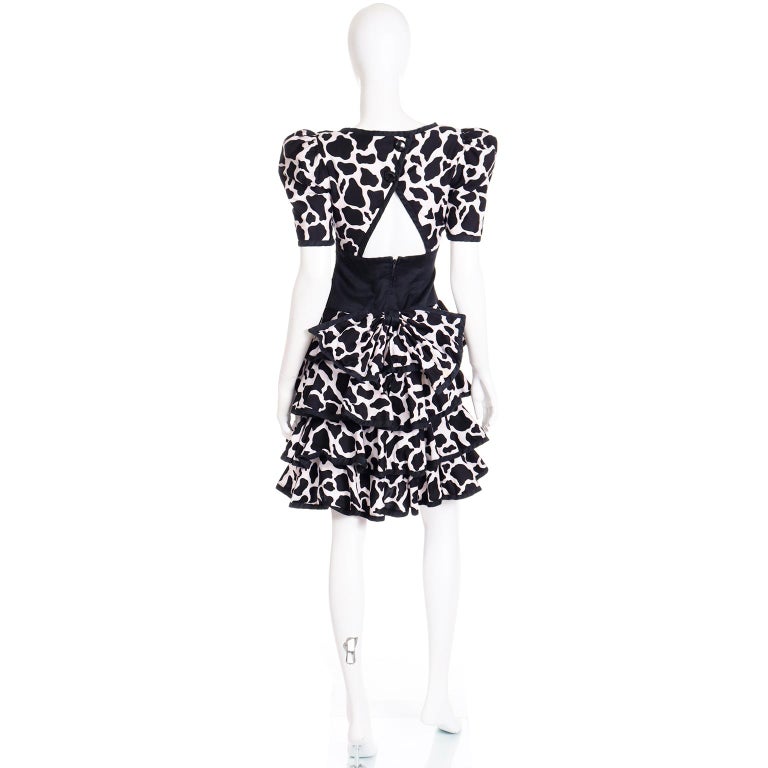 1980s Vintage Black Abstract Print Dress w Puff Sleeves and Tiered ...