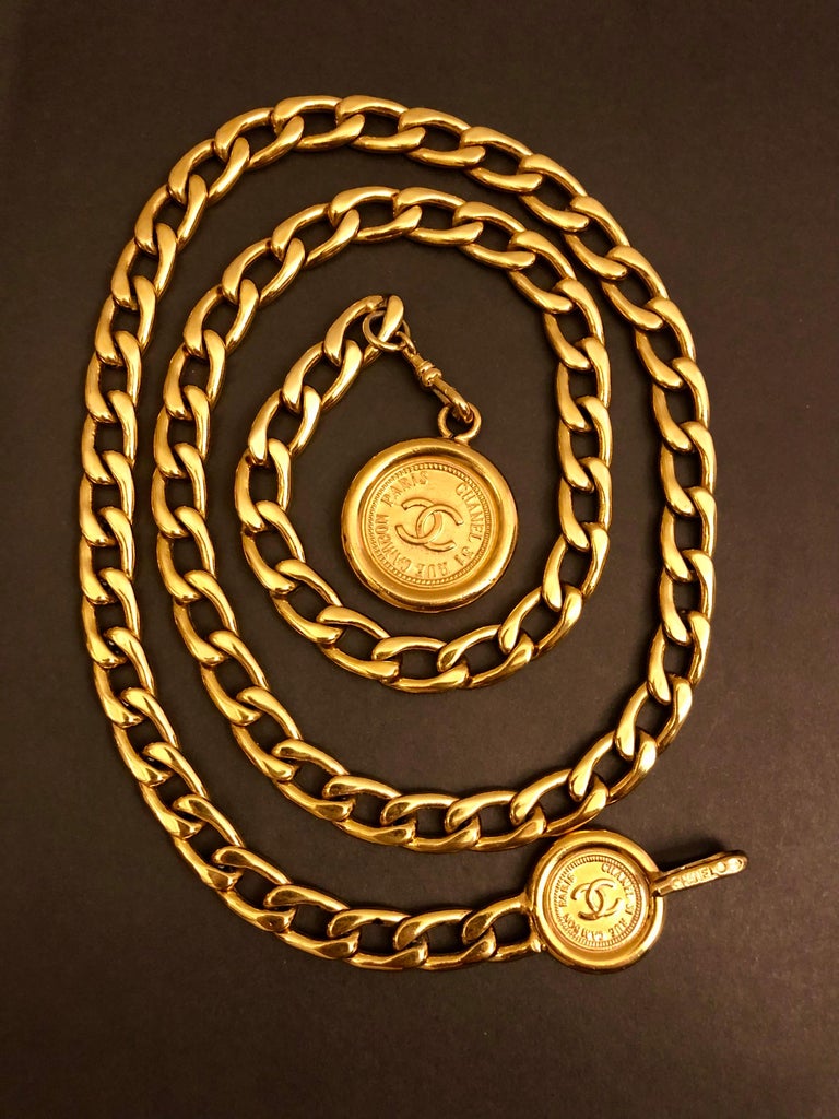 1980s Vintage CHANEL Gold Toned Cambon Coin Chain Belt Necklace For ...