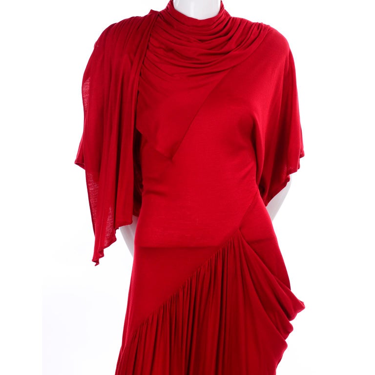 1980s Vintage Dress in Rich Red Jersey With Dramatic Draping at 1stDibs