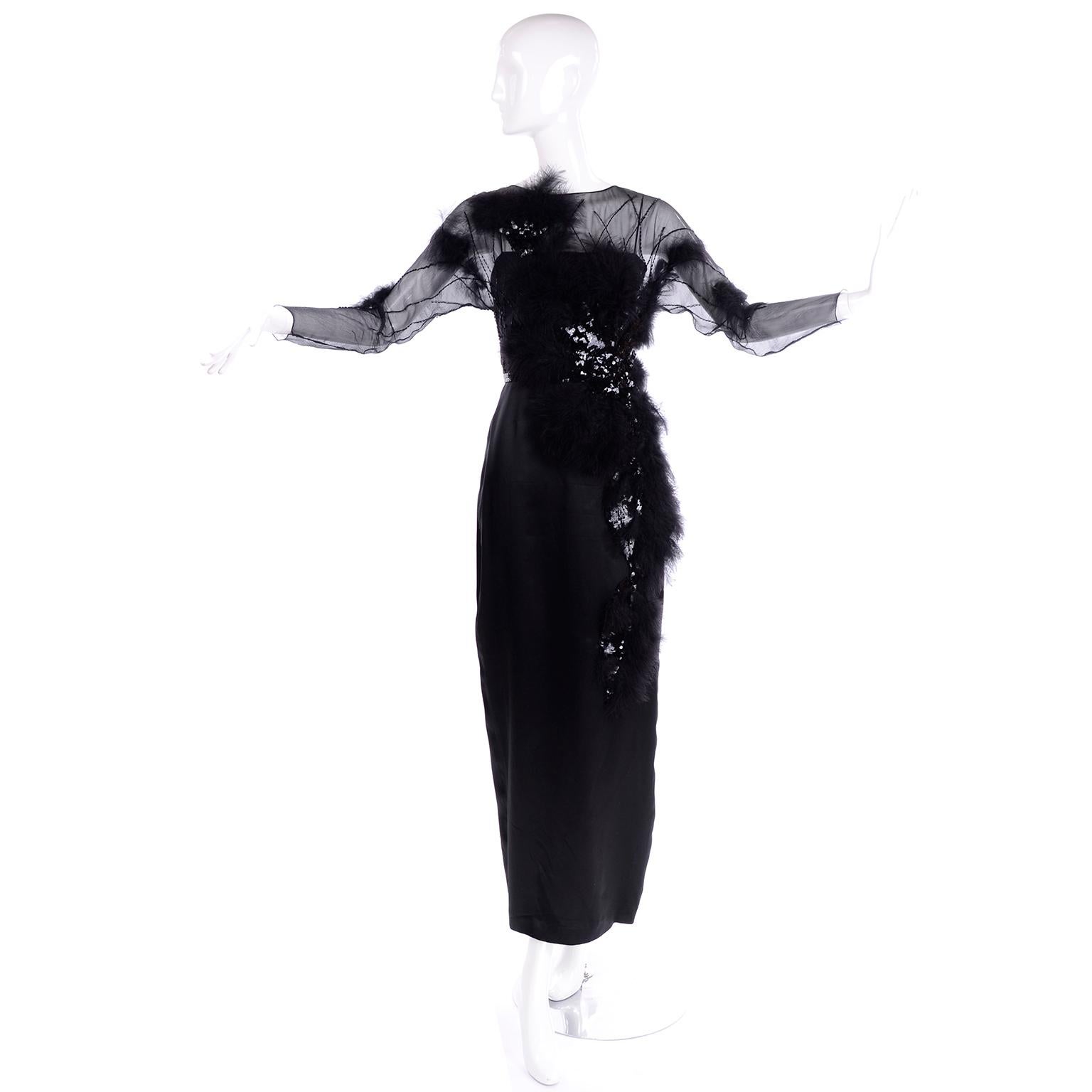 1980s Vintage Hachi Silk Beaded Designer Black Dress Feathers and ...