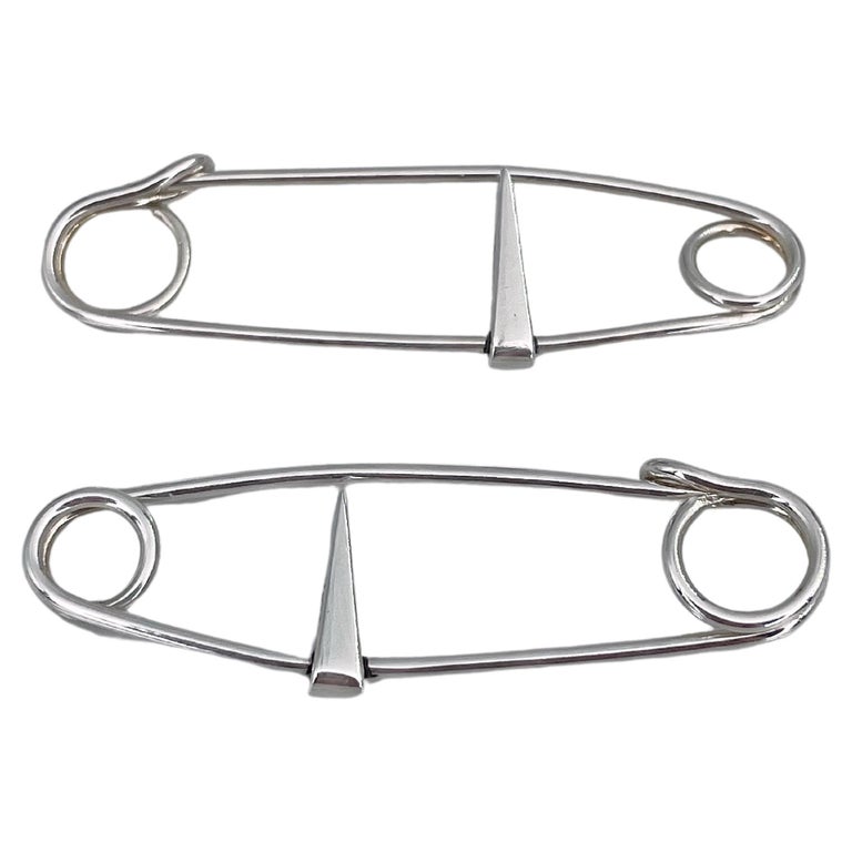 1980s Vintage Hermes 925 Silver Safety Pin Figural Twin Brooches For ...