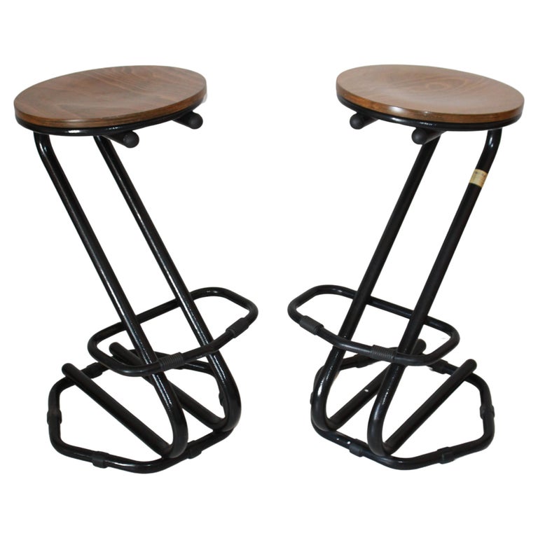 1980s Vintage Iron Stools with Wood Seat at 1stDibs