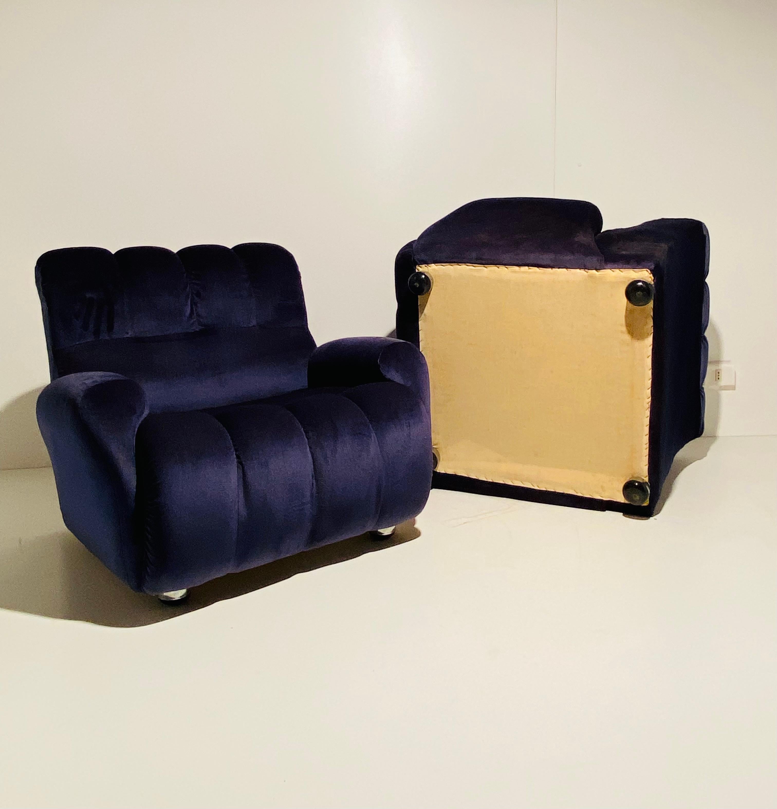 Vintage Velvet Blue Lounge Chairs, Set of Two, Italy 1980s For Sale at ...