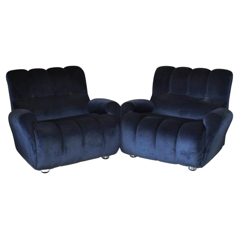 1980s Vintage Velvet Blue Lounge Chairs, Set of Two For Sale at 1stDibs