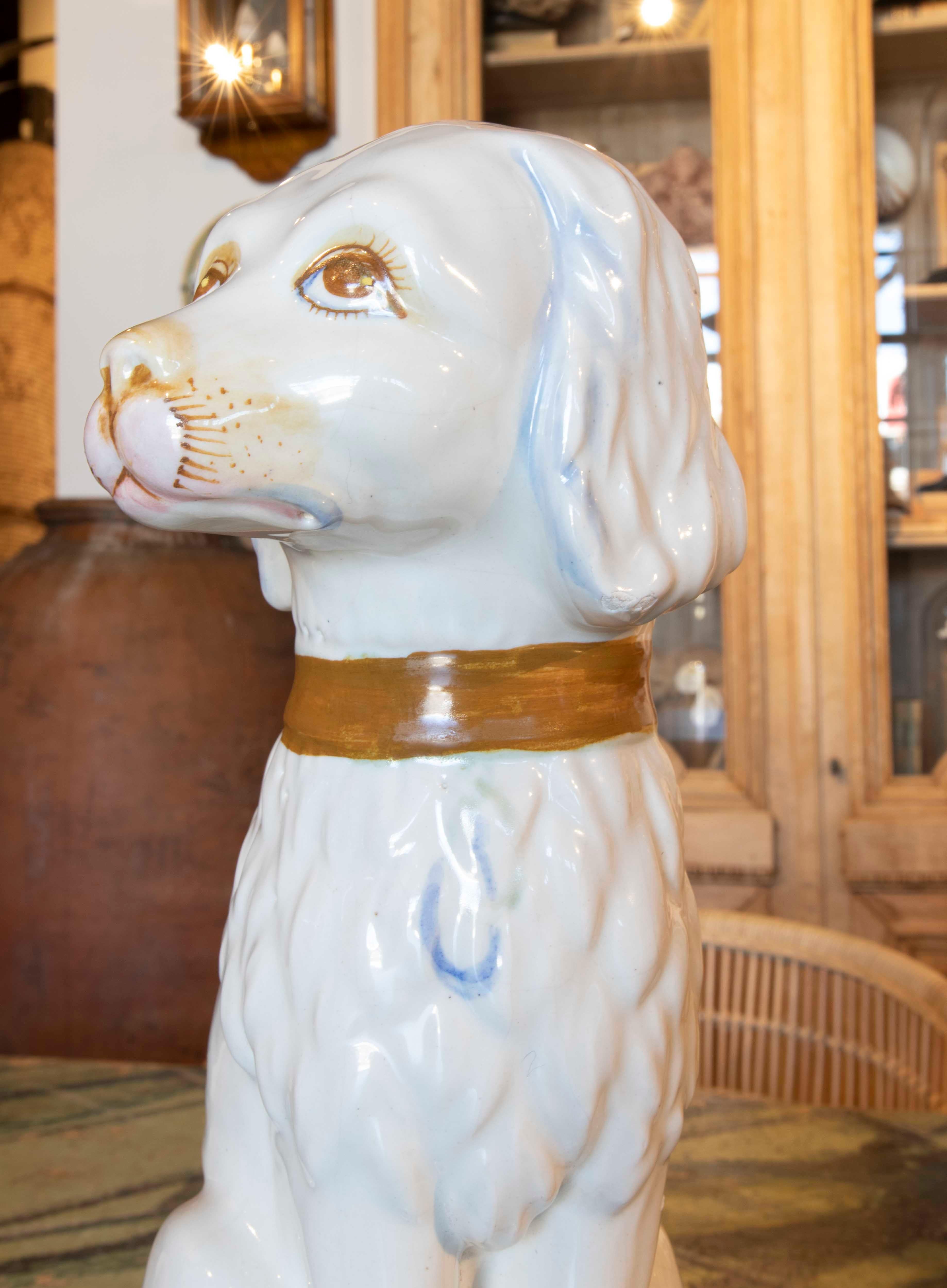 1980s White and Reddish Glazed Ceramic Dog Sculpture For Sale at 1stDibs