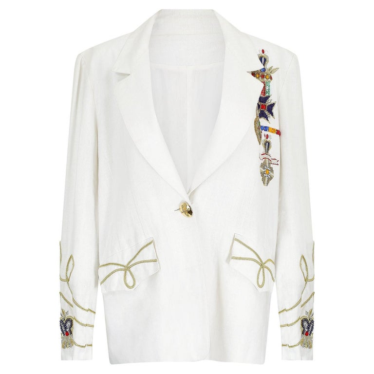 1980s White Linen Novelty Embellished Military Jacket For Sale at 1stDibs