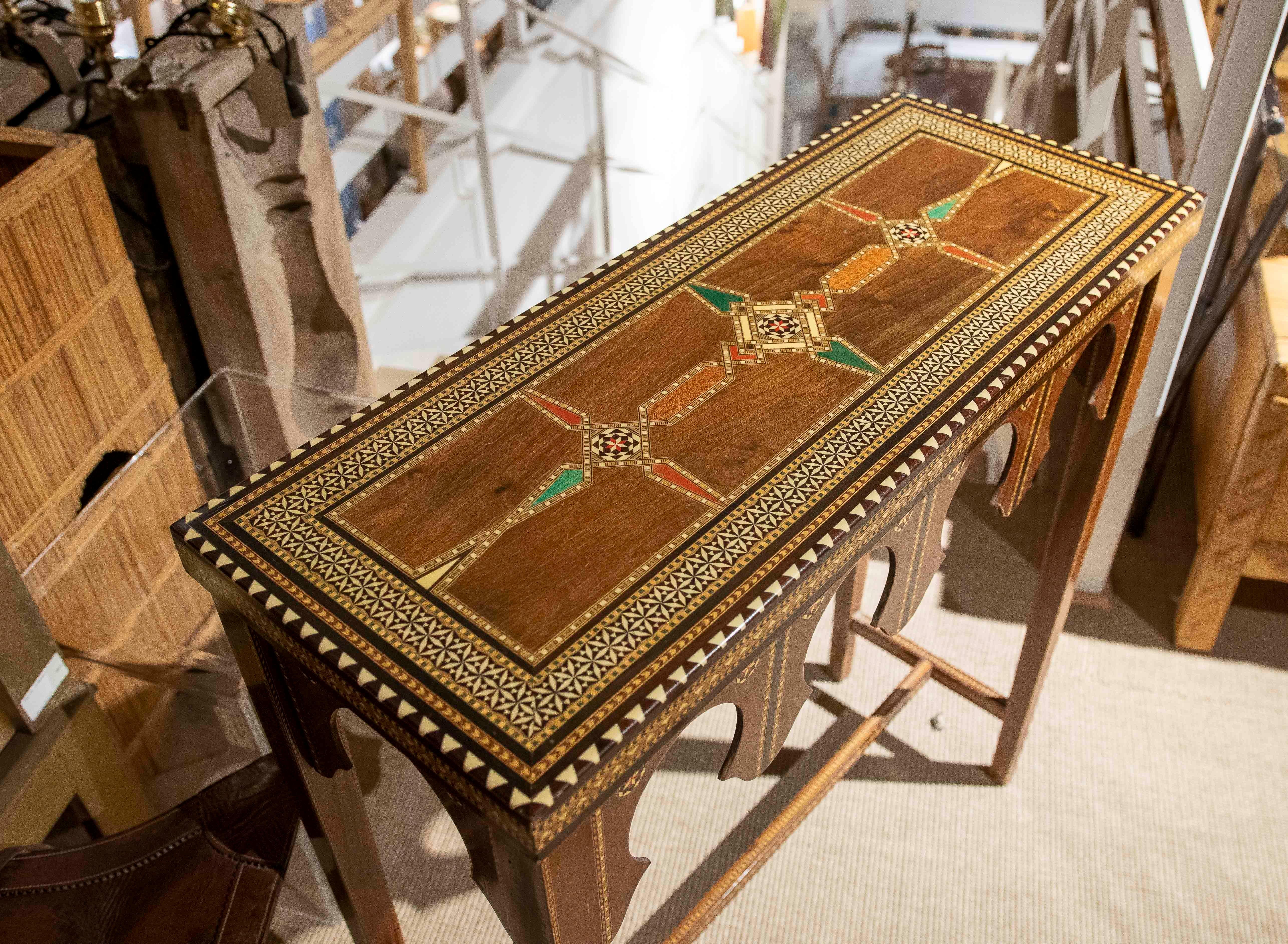 1980s Wooden Console with Inlaid Arabic Style with Geometric Motifs For ...