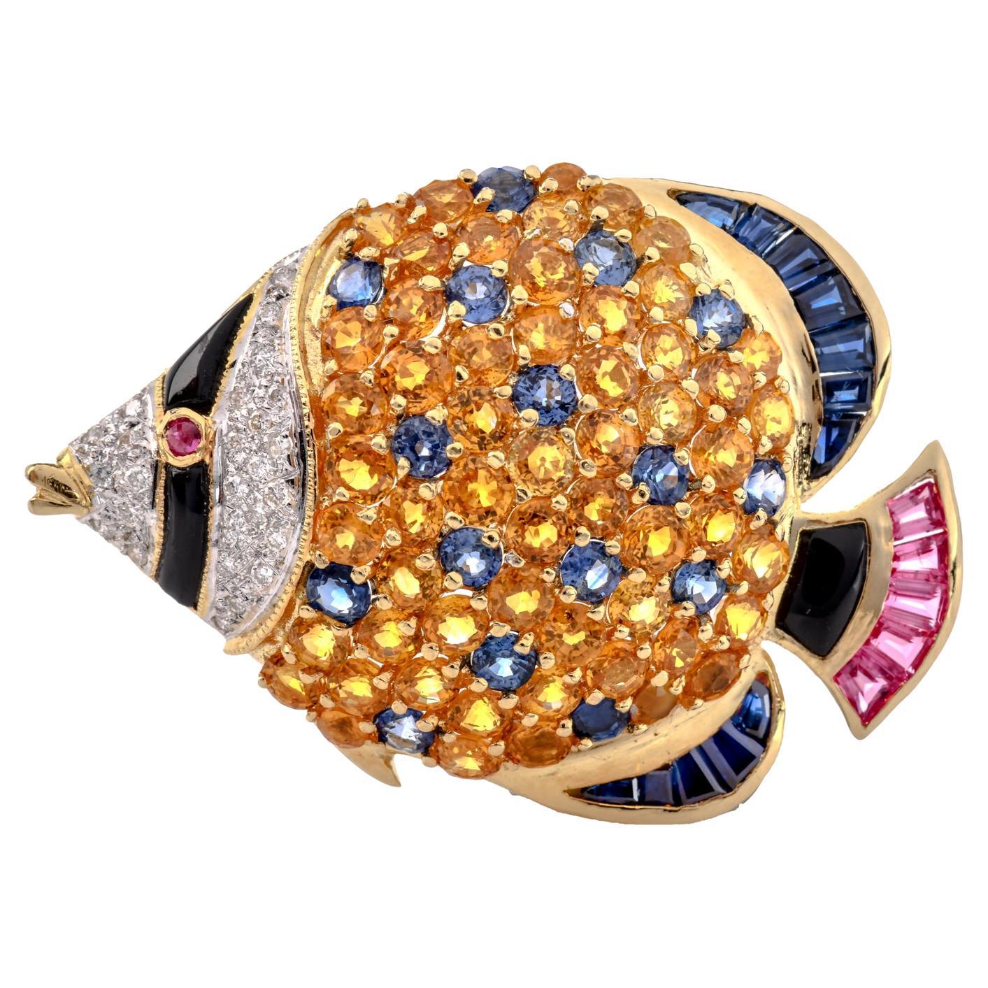 1980s Yellow sapphire Diamond Fish 18K Animal Pin and pendant For Sale ...