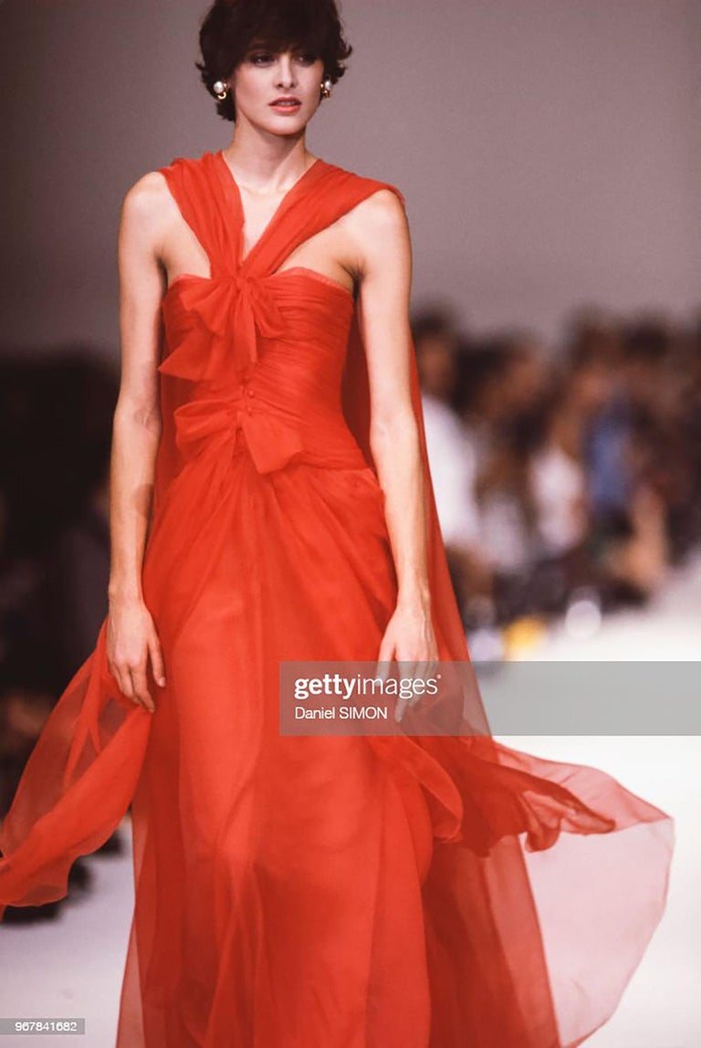 1984 Chanel by Karl Lagerfeld Red Silk Chiffon Gown and Stole at 1stDibs